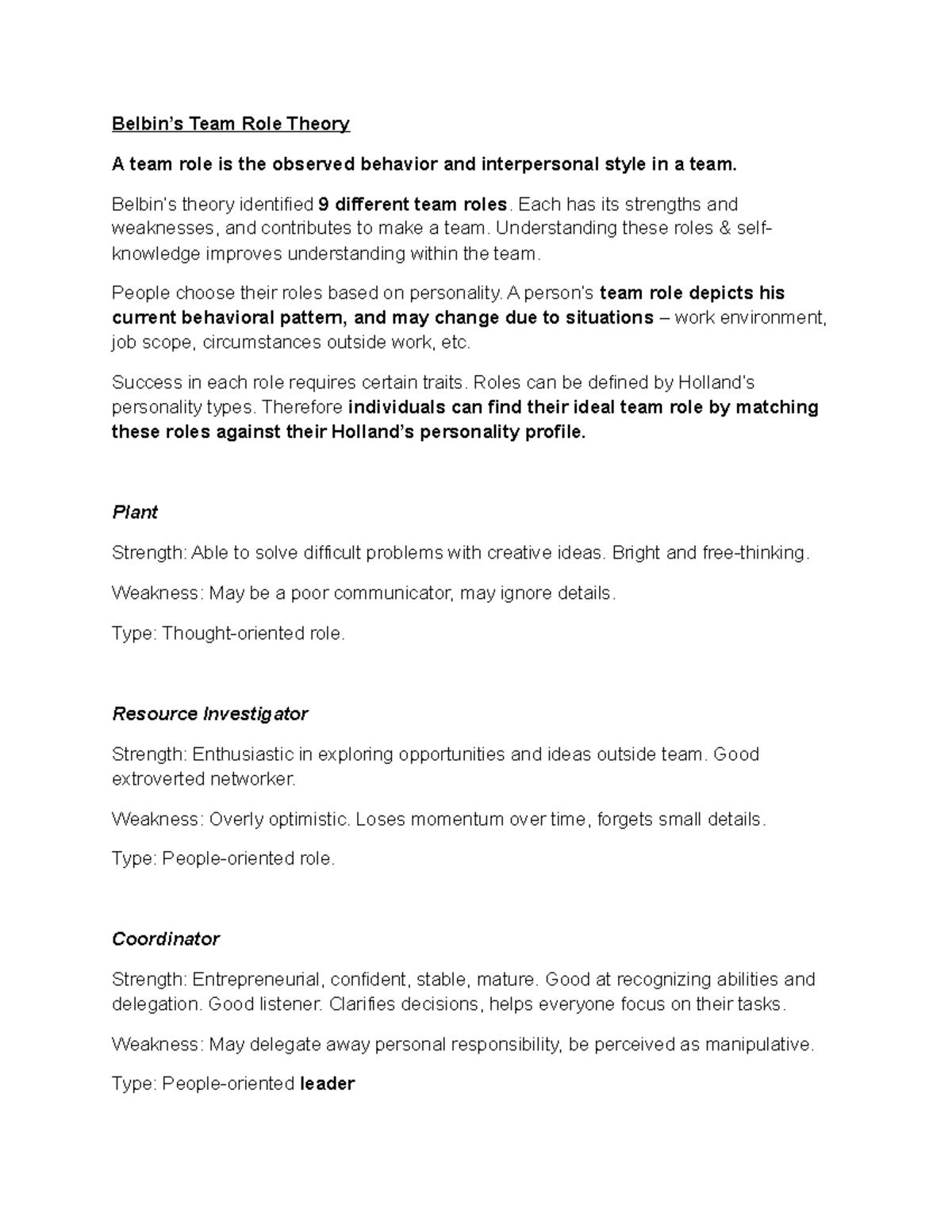 Lecture 7 Outline & Notes - Belbin’s Team Role Theory A team role is ...