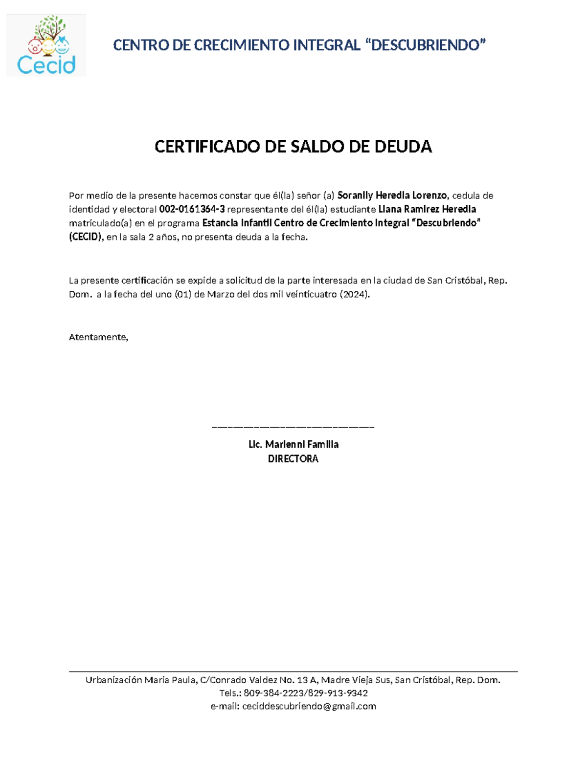 Certificación Saldo DE Deuda Cecid - CENTRO DE CRECIMIENTO INTEGRAL ...