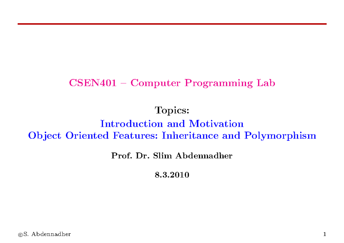 L1-Introduction+OO-SS10 3776 - CSEN401 – Computer Programming Lab ...