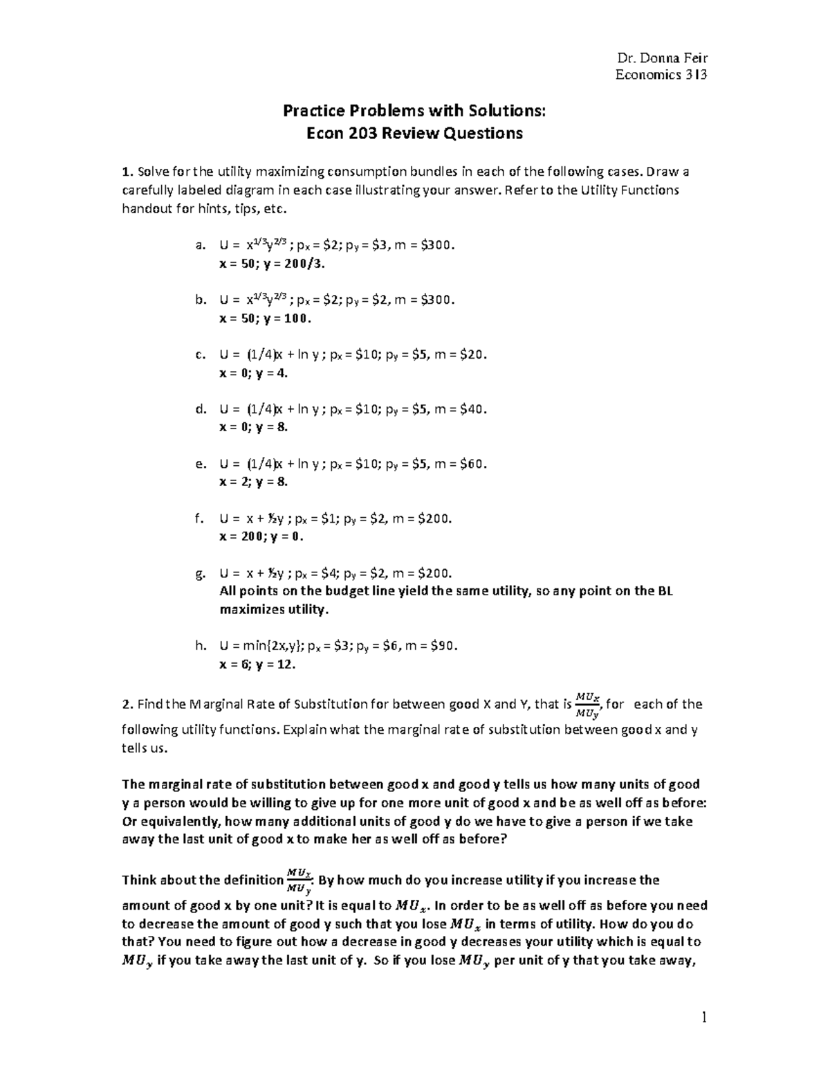 Econ 203 Pratice Problems Solutions - Economics 313 Practice Problems with Solutions: Econ 203 ...