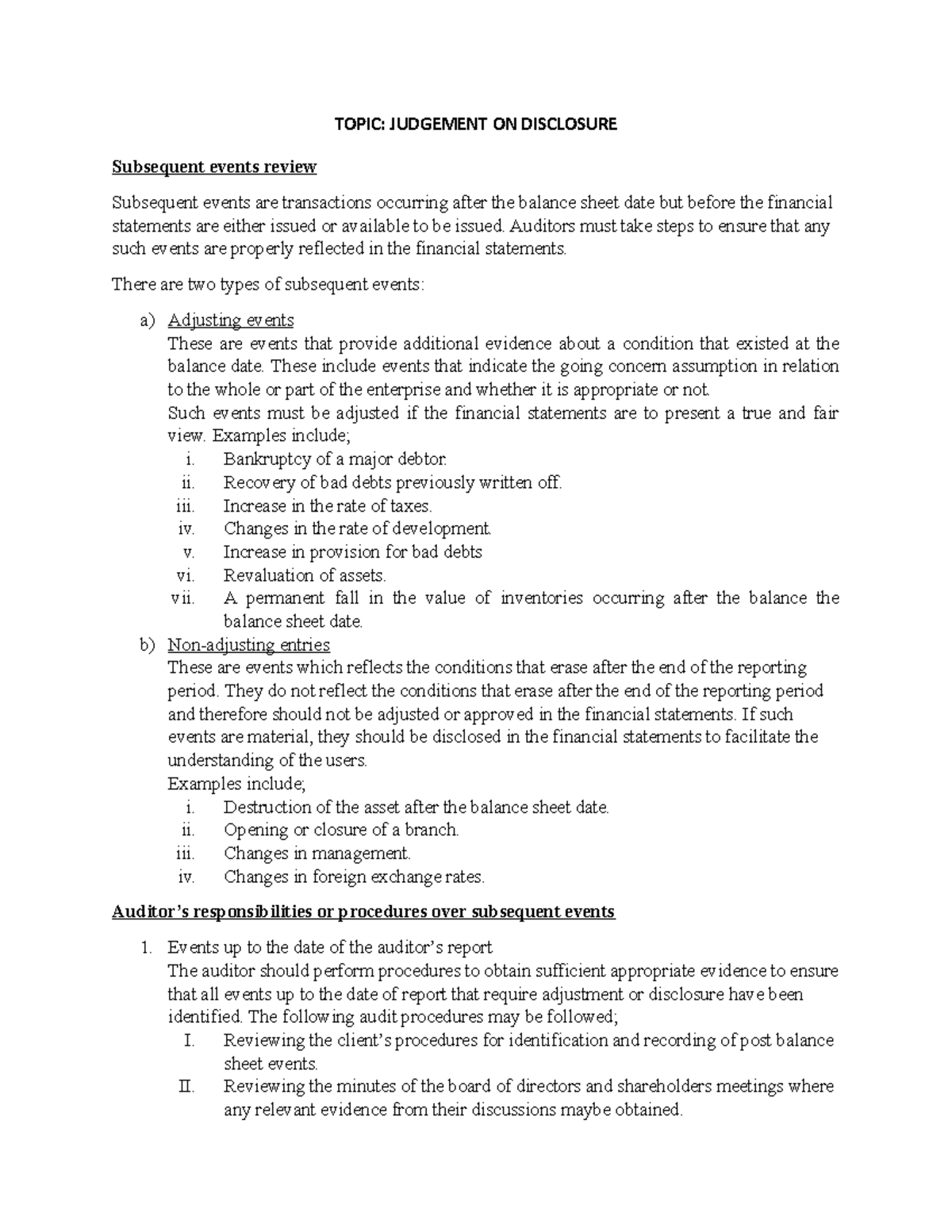 Judgement ON Disclosure - TOPIC: JUDGEMENT ON DISCLOSURE Subsequent ...