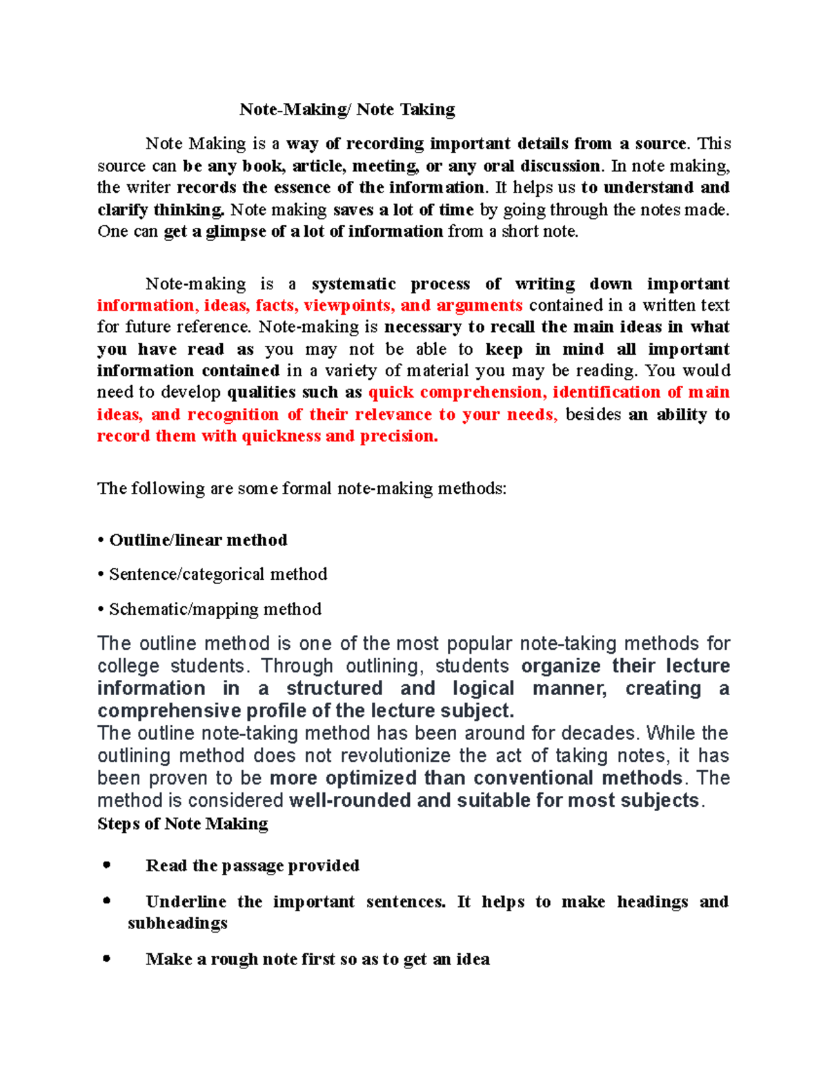 P 2 NOTE Taking - theory notes for the reference. - Note-Making/ Note ...