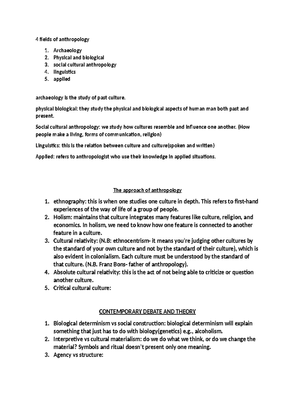 Anthropology - Lecture note - 4 fields of anthropology 1. Archaeology 2 ...