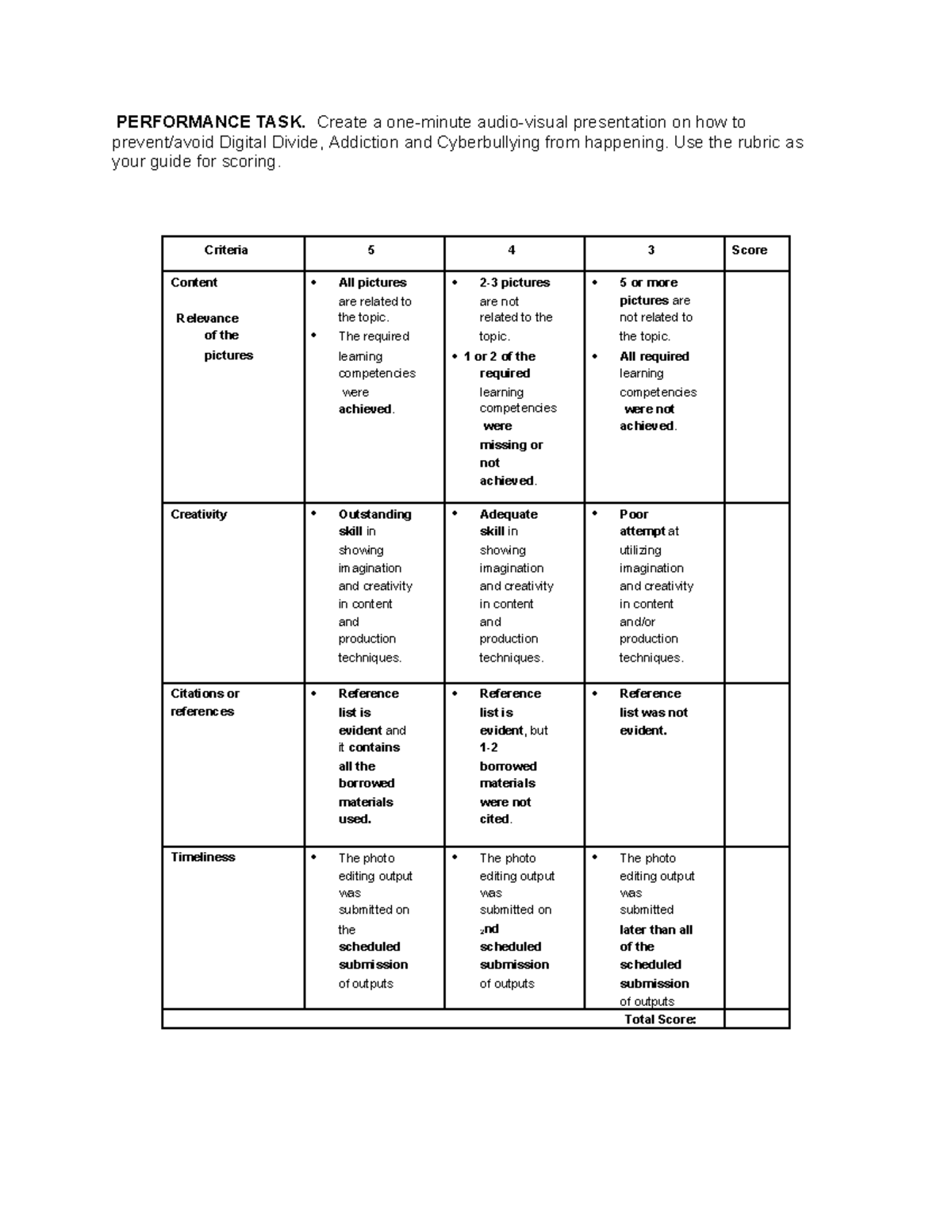 Rubrics-FOR-MIL AVP - Use as reference. - PERFORMANCE TASK. Create a ...
