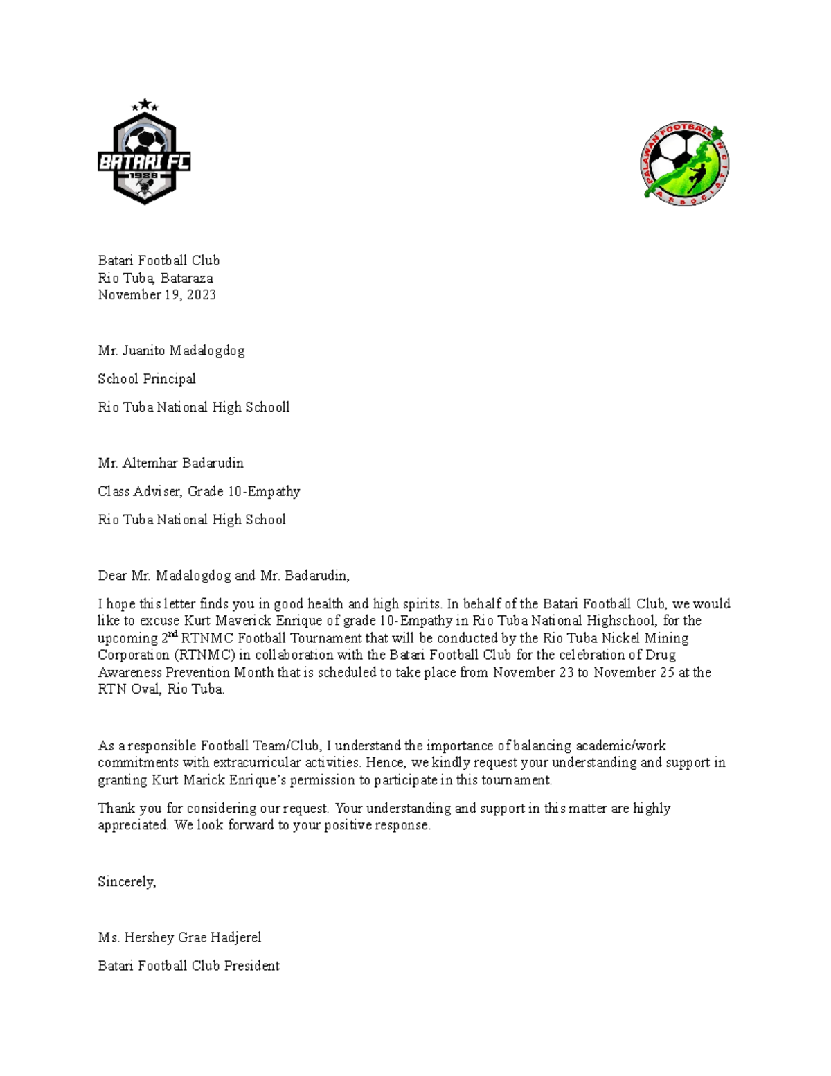 Excuse Letter for Batari Tournament - Batari Football Club Rio Tuba ...