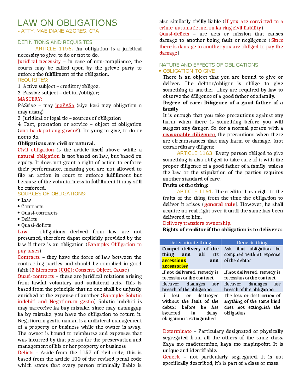 law on obligations - LAW ON OBLIGATIONS - ATTY. MAE DIANE AZORES, CPA ...