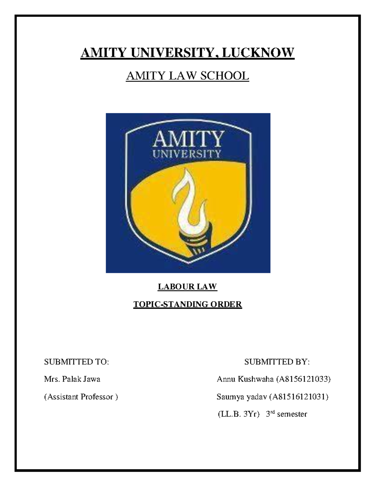 Assignment Labour LAW - AMITY UNIVERSITY, LUCKNOW AMITY LAW SCHOOL ...