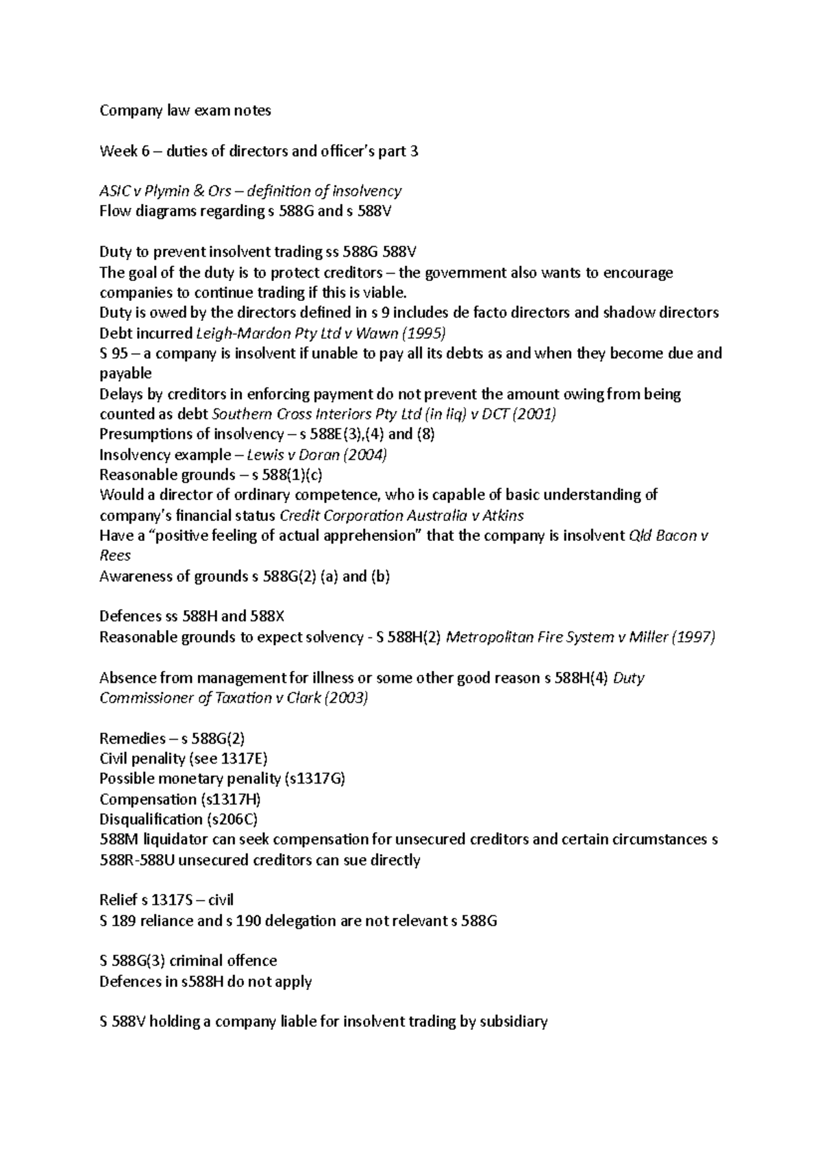 Company law exam notes - Company law exam notes Week 6 – duties of ...