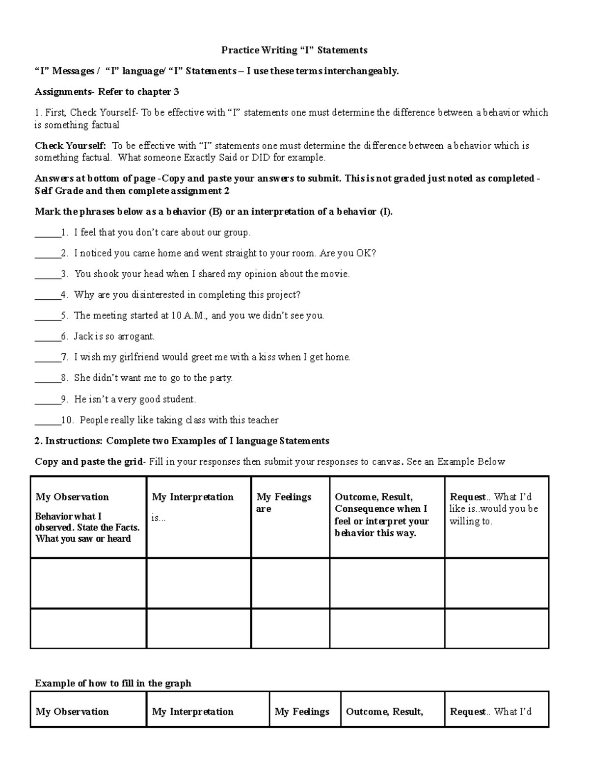 Ch 3 comm 121 I Language assignment - Practice Writing “I” Statements ...