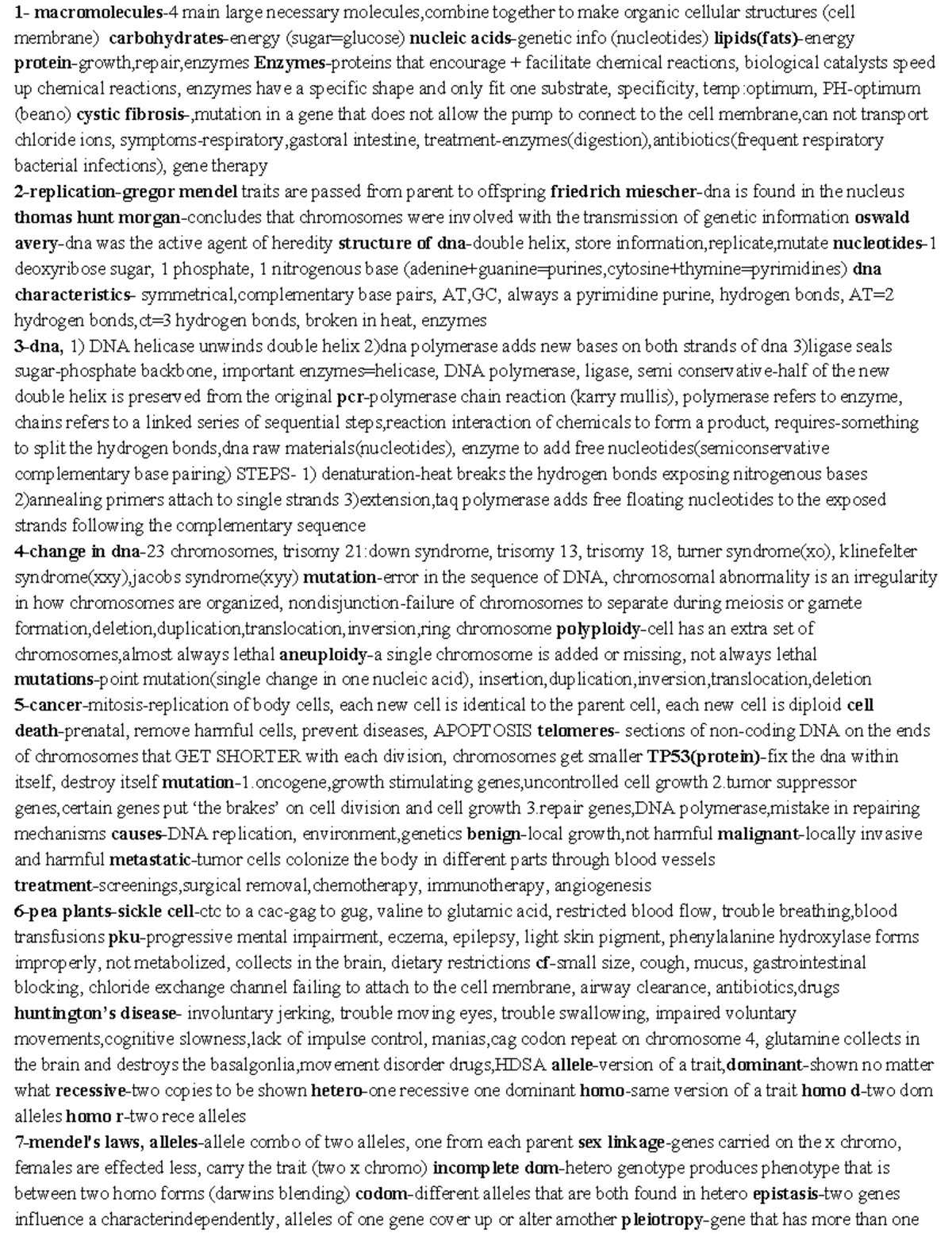 Bio Gene Midterm Cheat Sheet - 1- macromolecules -4 main large ...
