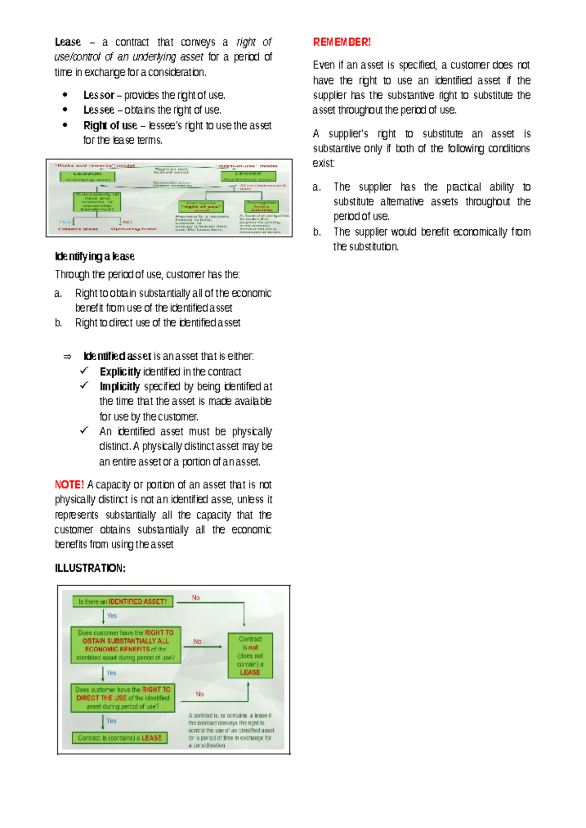 Leases Notes - Summary - Lease – a contract that conveys a right of use ...