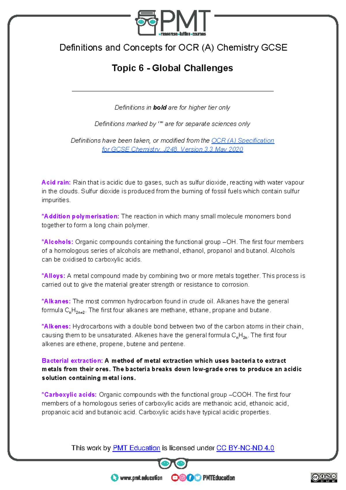 Definitions - Topic 6 Global Challenges - OCR (A) Chemistry GCSE - bit ...