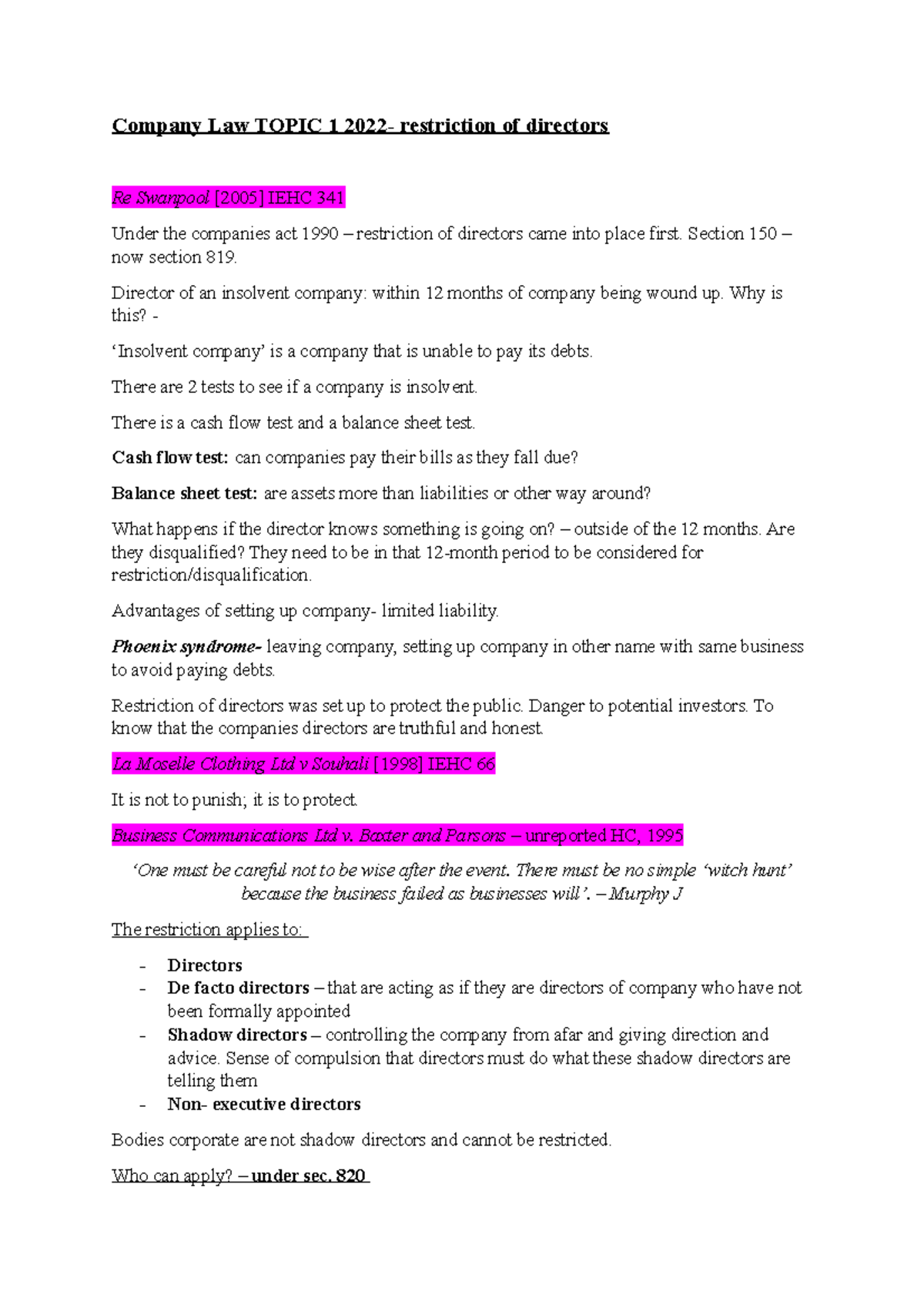 Company LAW Topic 1 - Restriction OF Directors - Company Law TOPIC 1 ...