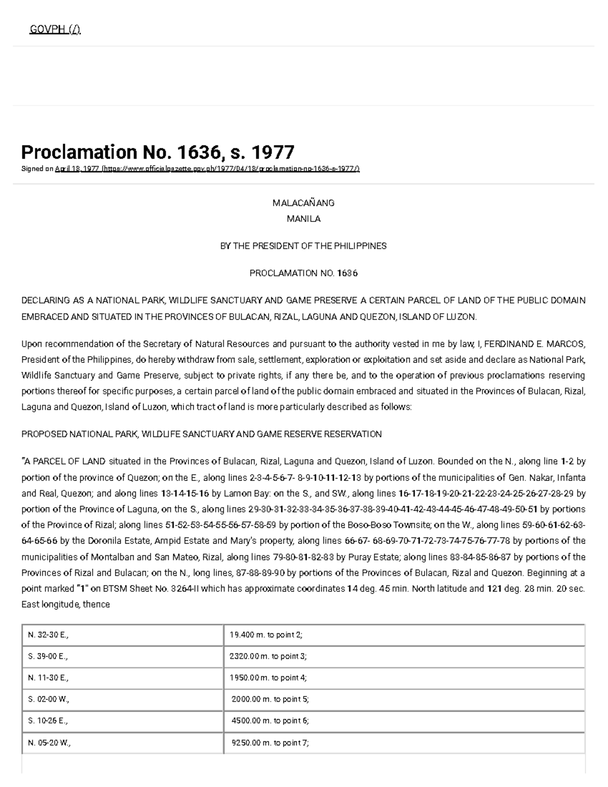Proclamation No. 1636 series 1977 protected area - Proclamation No ...