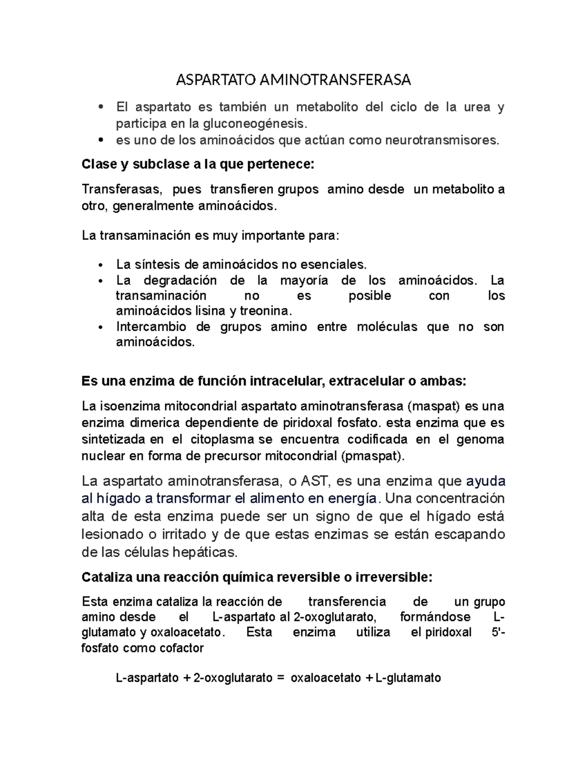 Aspartato aminotransferasa - ASPARTATO AMINOTRANSFERASA El aspartato es ...