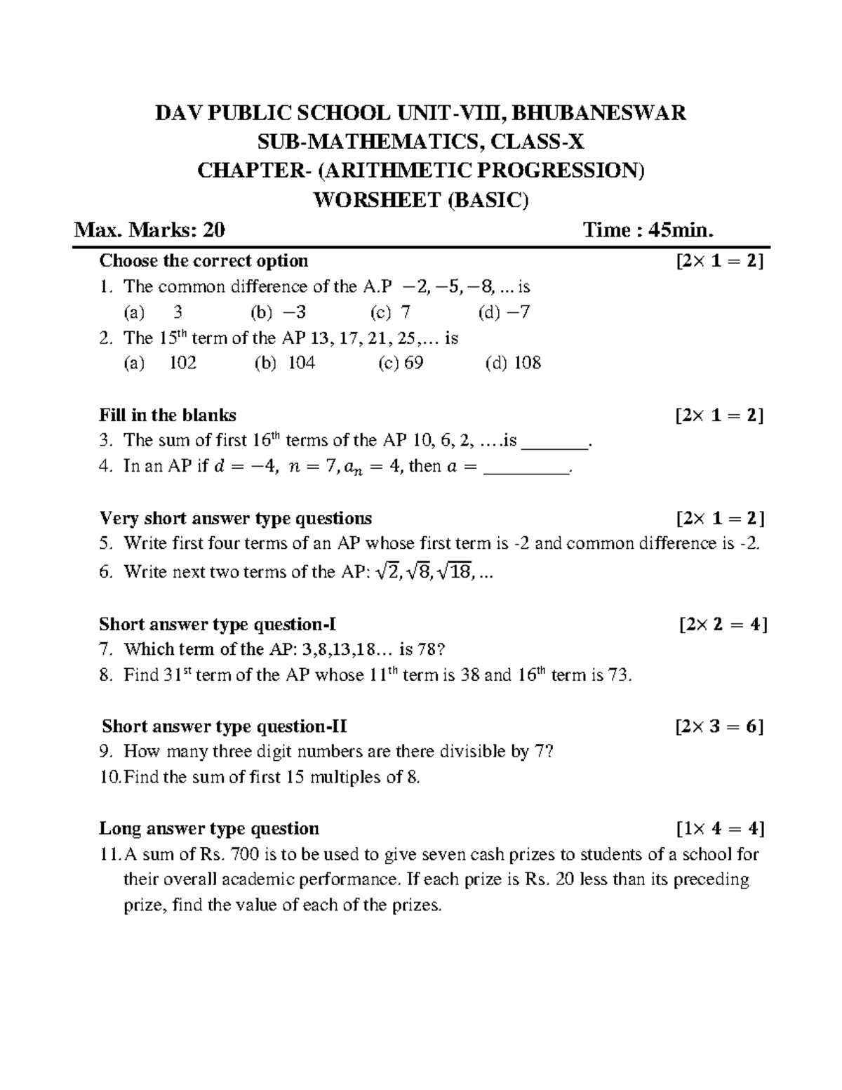 WS-Arithmetic Progression - SUB-MATHEMATICS, CLASS-X CHAPTER- (ARITHMETIC PROGRESSION) WORSHEET ...