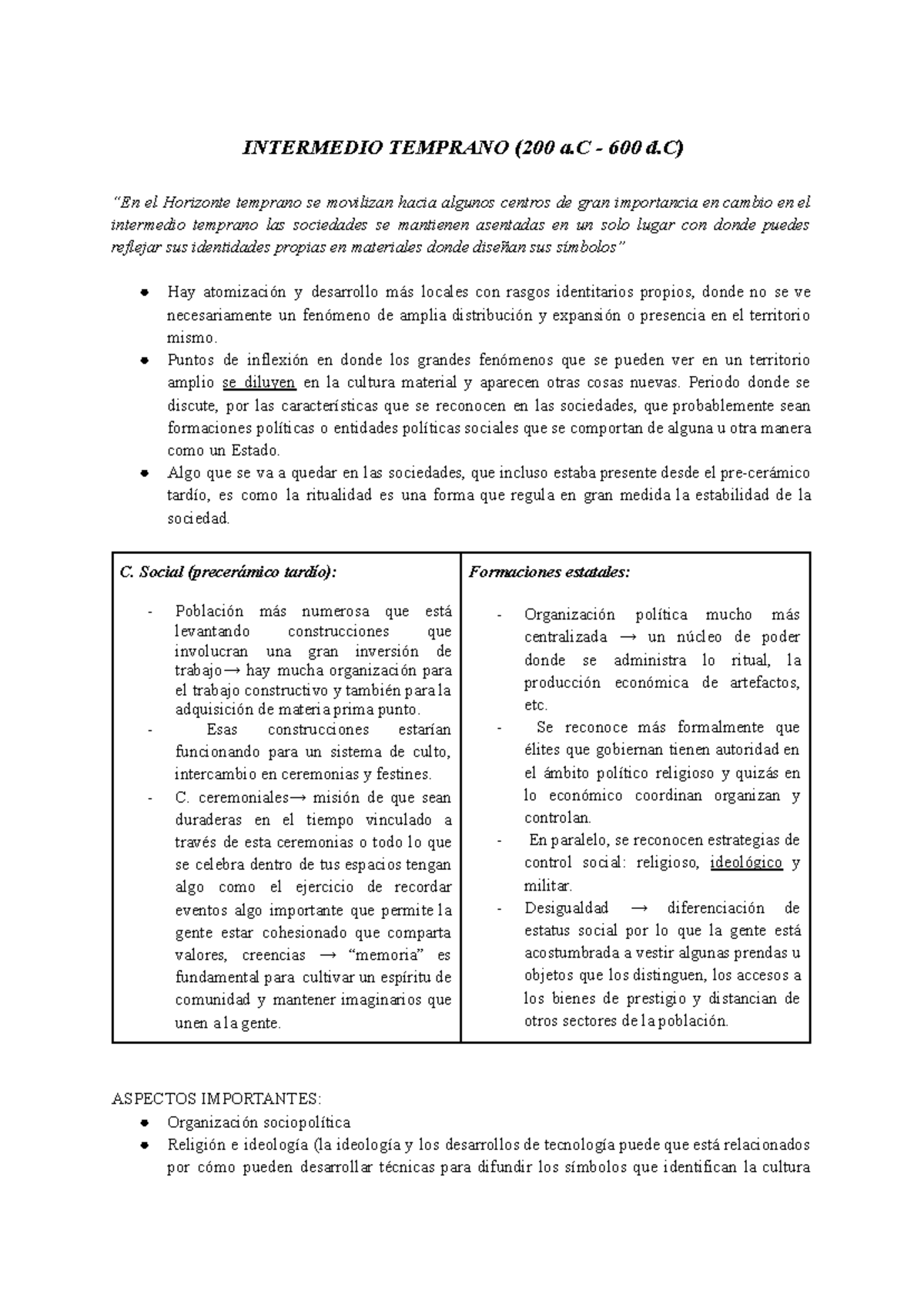 Resumen Prehistoria - INTERMEDIO TEMPRANO (200 a - 600 d) “En el ...