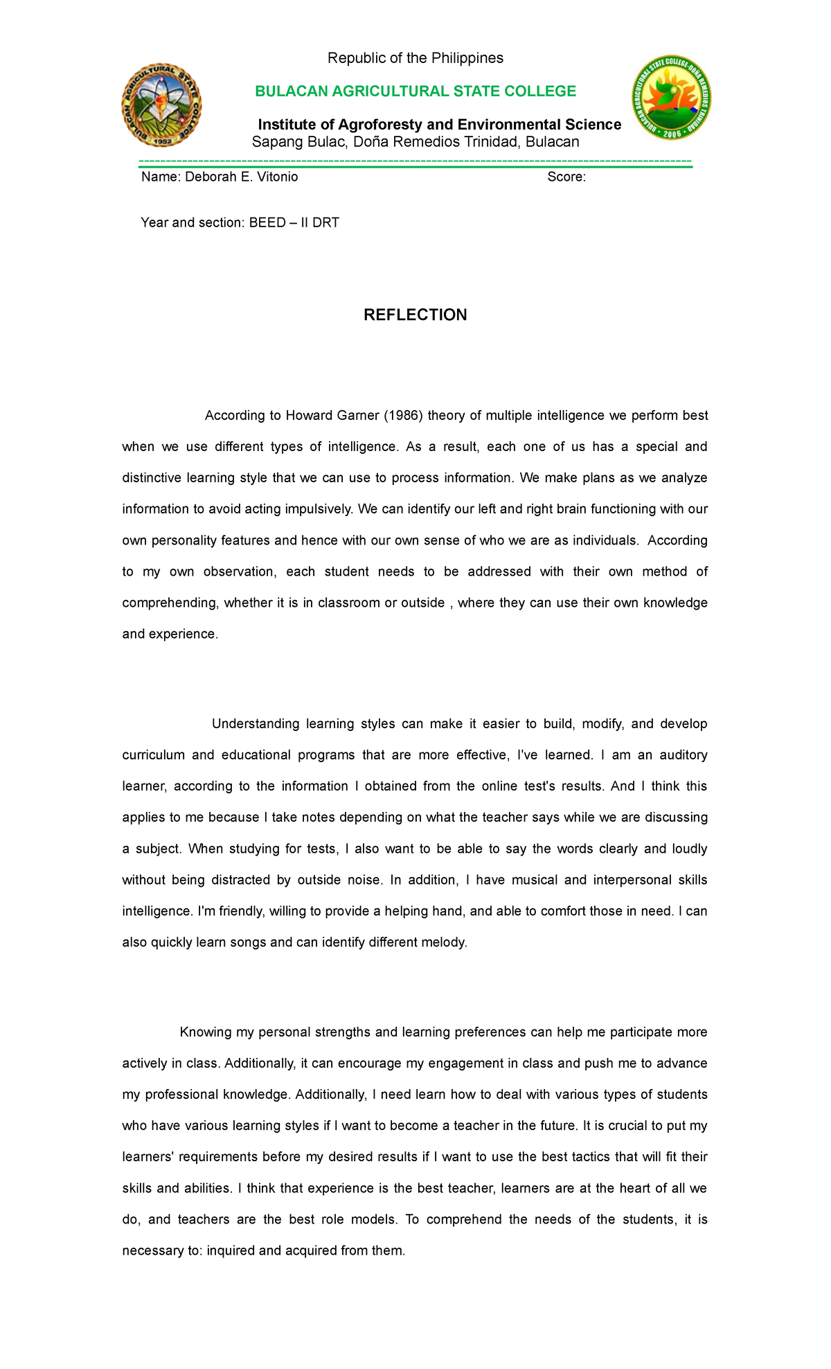 Reflection Multiple learning personal test - Republic of the ...