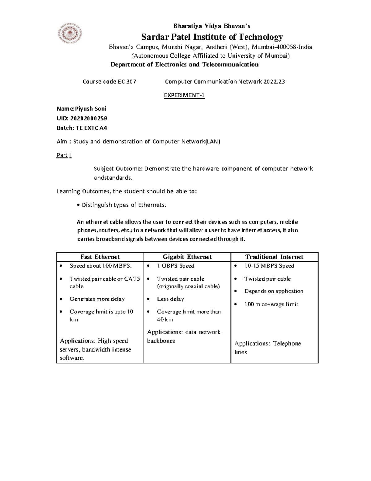 Ccn piyush exp part1 - ccn - Sardar Patel Institute of Technology Bhavan’s Campus, Munshi Nagar ...