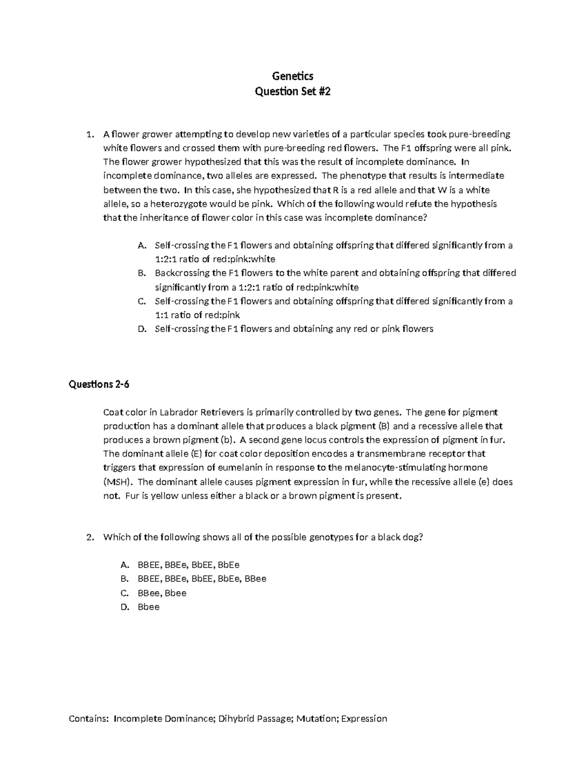 Genetics+-+Question+Set+#2 - Genetics Question Set 1. A flower grower ...