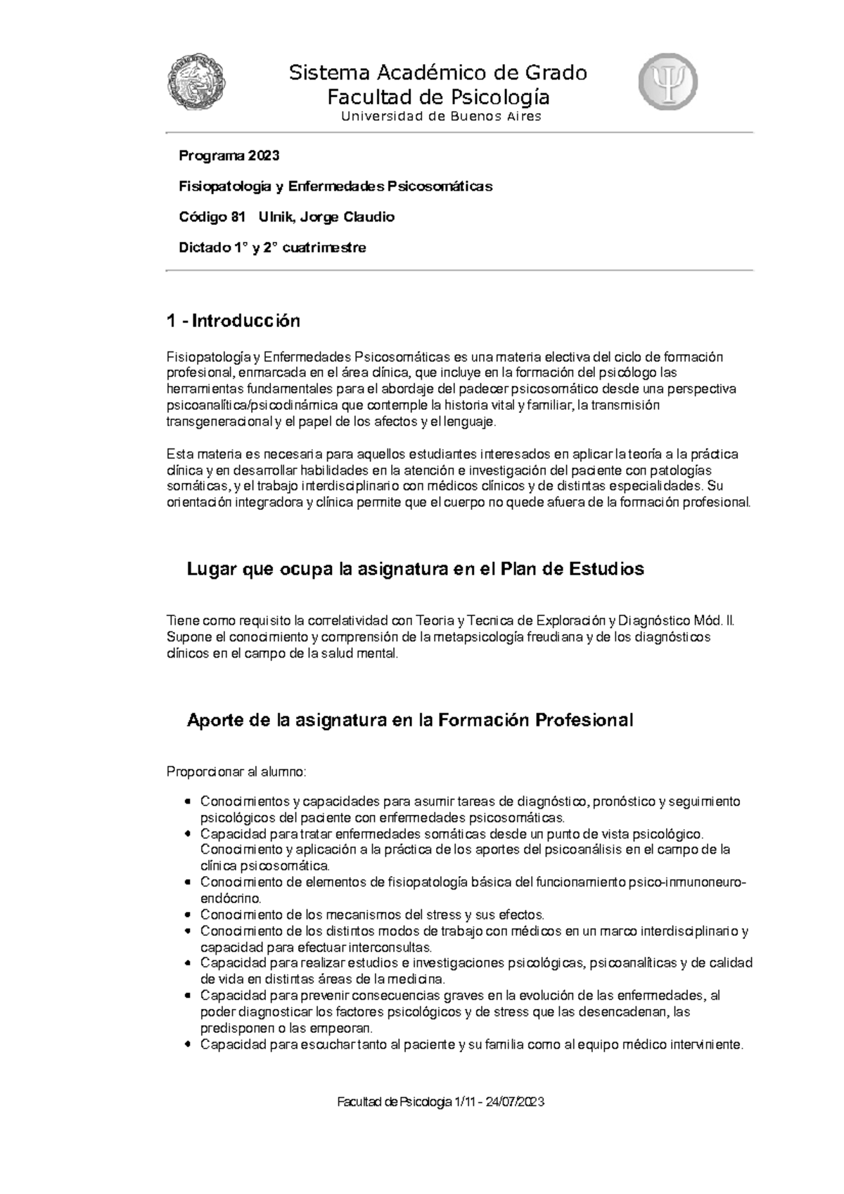Programa 2c 2023 - Sistema Académico de Grado Facultad de Psicología ...
