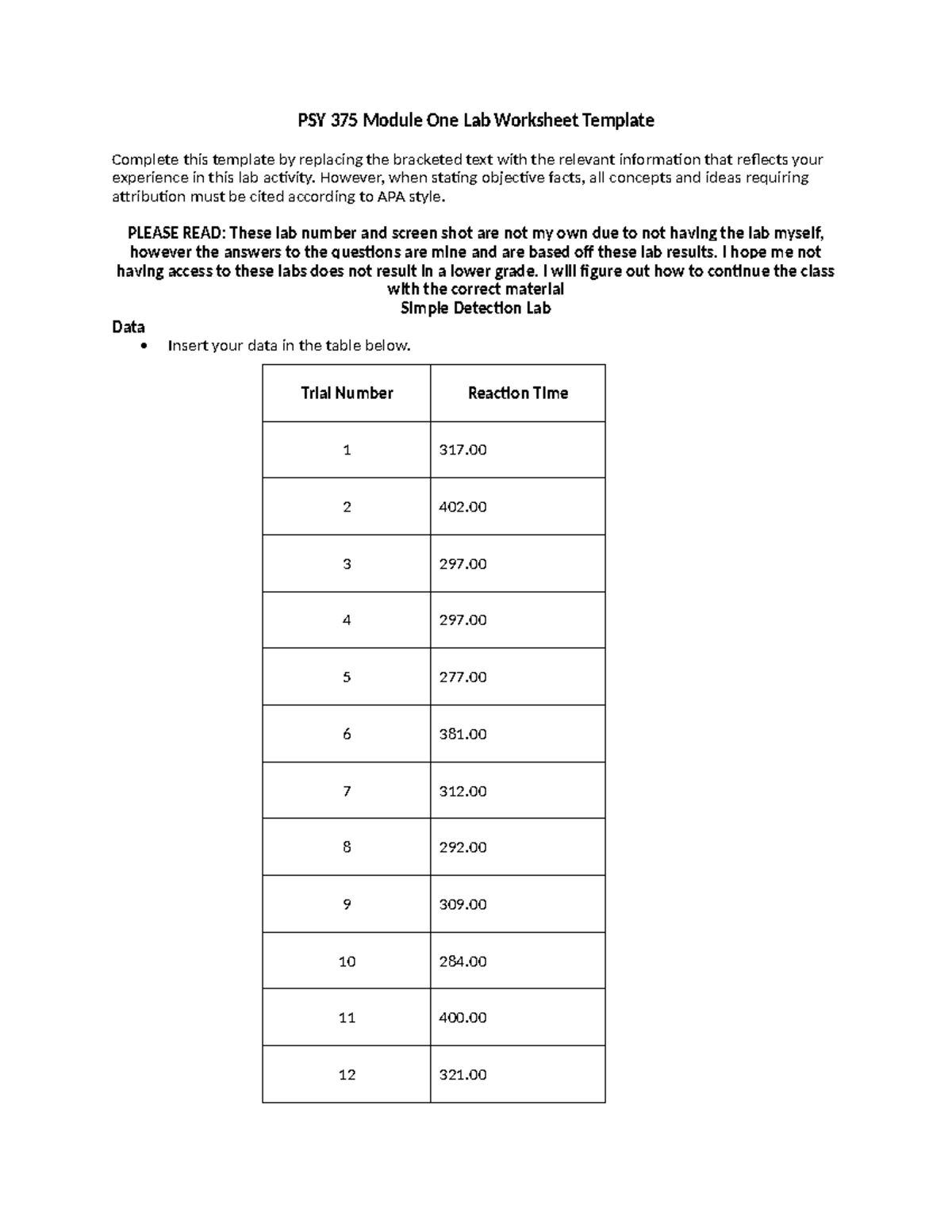 PSY 375 Module One Lab Worksheet - However, when stating objective facts, all concepts and ideas ...