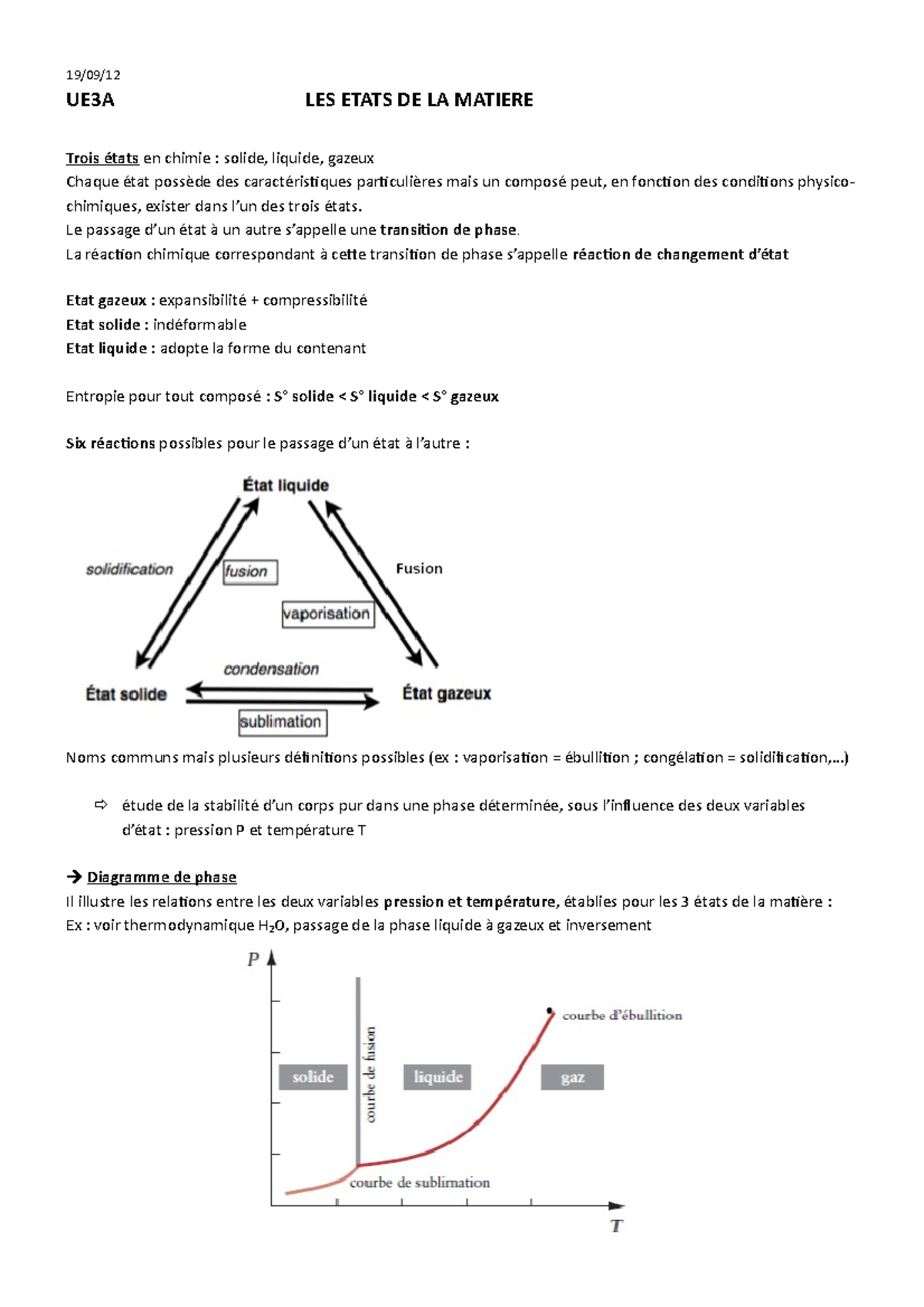 01 - Etats de la matière - 19/09/12 UE3A LES ETATS DE LA MATIERE Trois ...