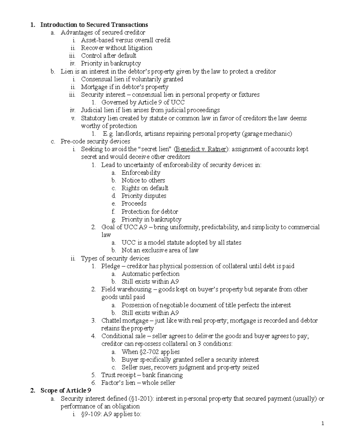 Secured Transactions Outline 2 - 1. Introduction to Secured ...