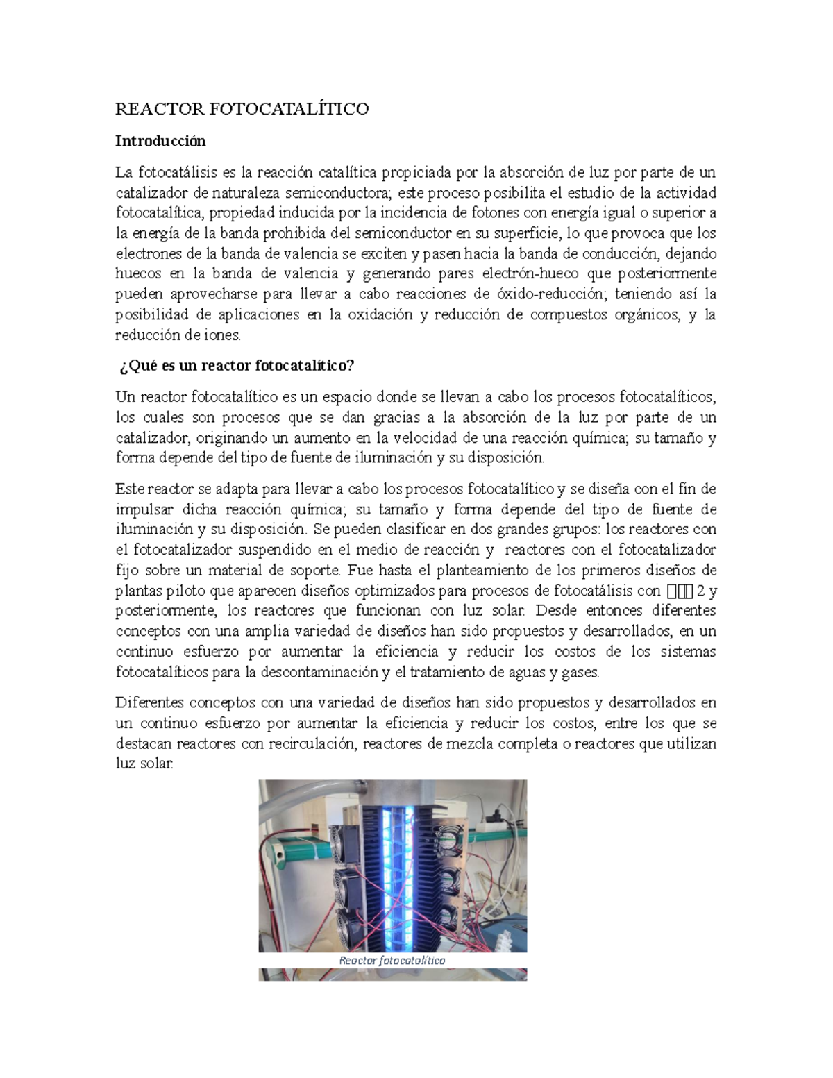 Reactor Fotocatalítico - REACTOR FOTOCATALÍTICO Introducción La ...