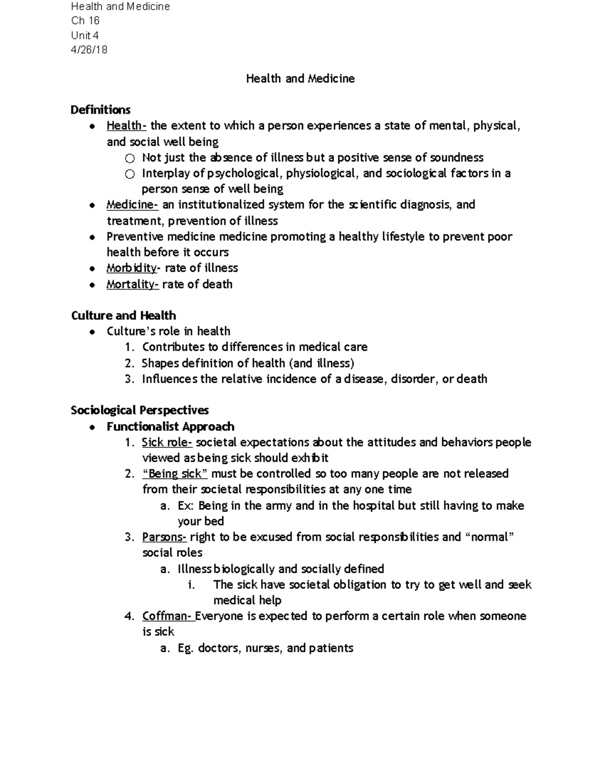 Health and Medicine - Lecture notes 3 - Health and Medicine Ch 16 Unit ...