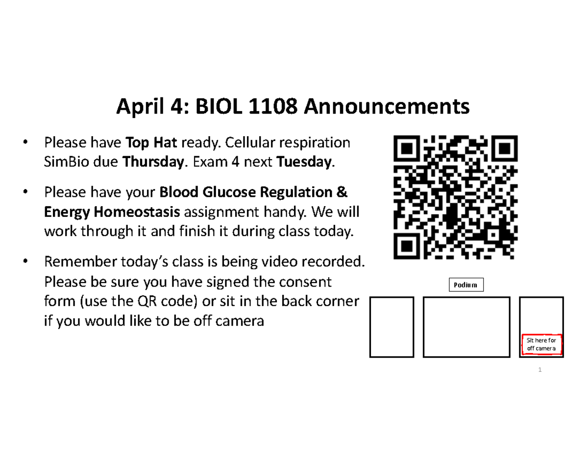 Apr4 final - Bio stuff - Please have Top Hat ready. Cellular respiration SimBio due Thursday ...