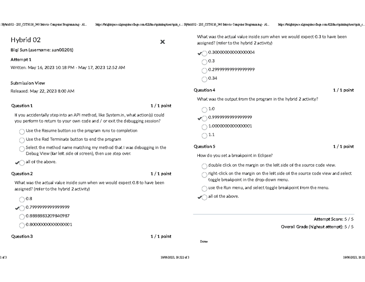 Hybrid 02 - 23S CST8116 340 Intro to Computer Programming - Algonquin College - Hybrid 02 Biqi ...