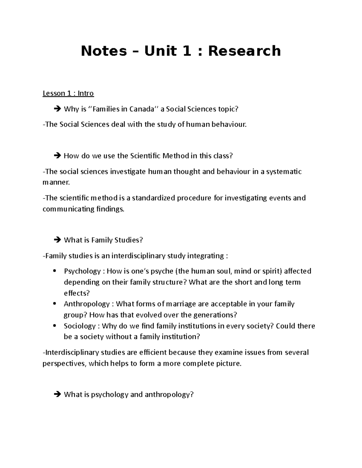 HHS4U Unit 1 Notes - Notes – Unit 1 : Research Lesson 1 : Intro Why is ...