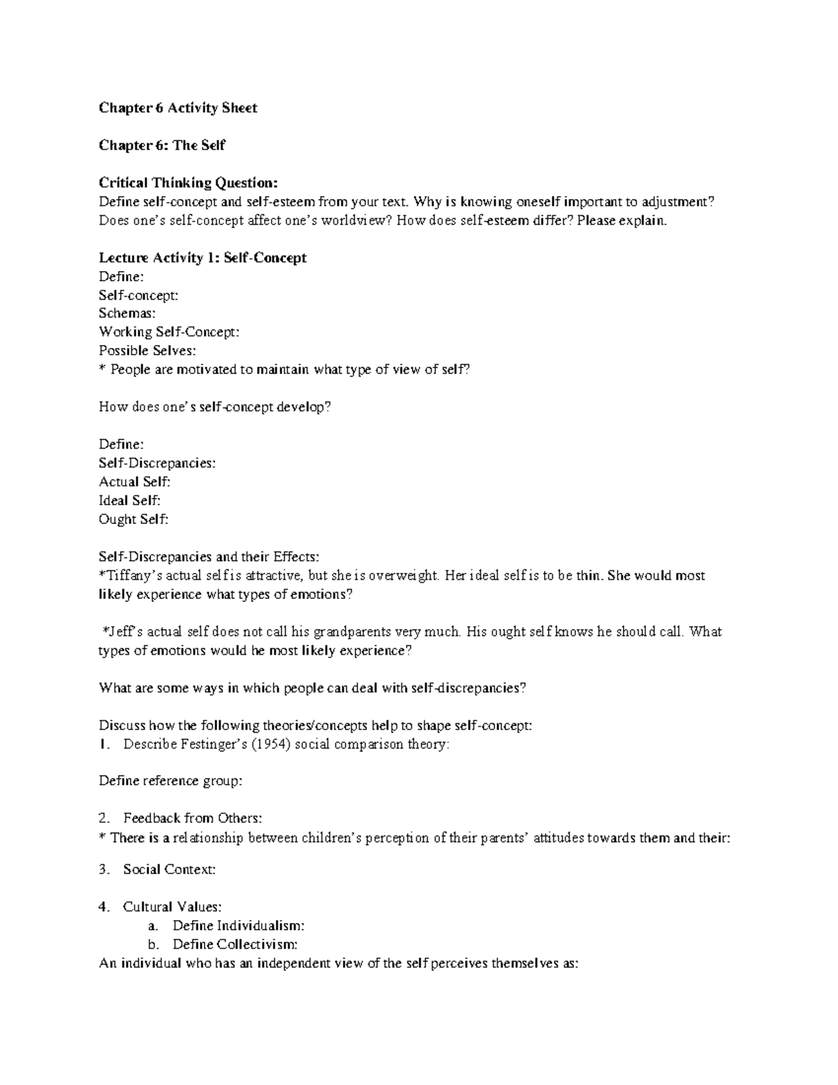Ch. 6 Activities-1 - Activitiy sheet of chapter 6: the self - Chapter 6 ...