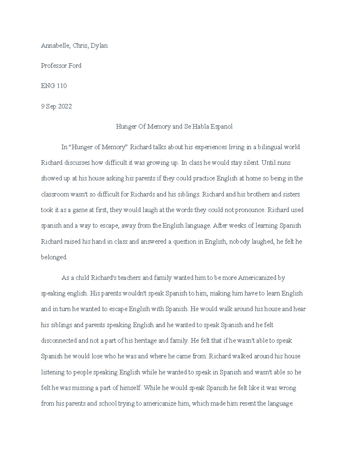 Eng 110 Hunger Of Memory - Annabelle, Chris, Dylan Professor Ford ENG ...