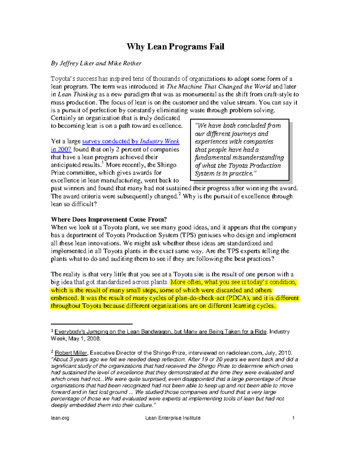 Article Why Lean programs fail Liker-Rother - “We have both concluded from our different ...