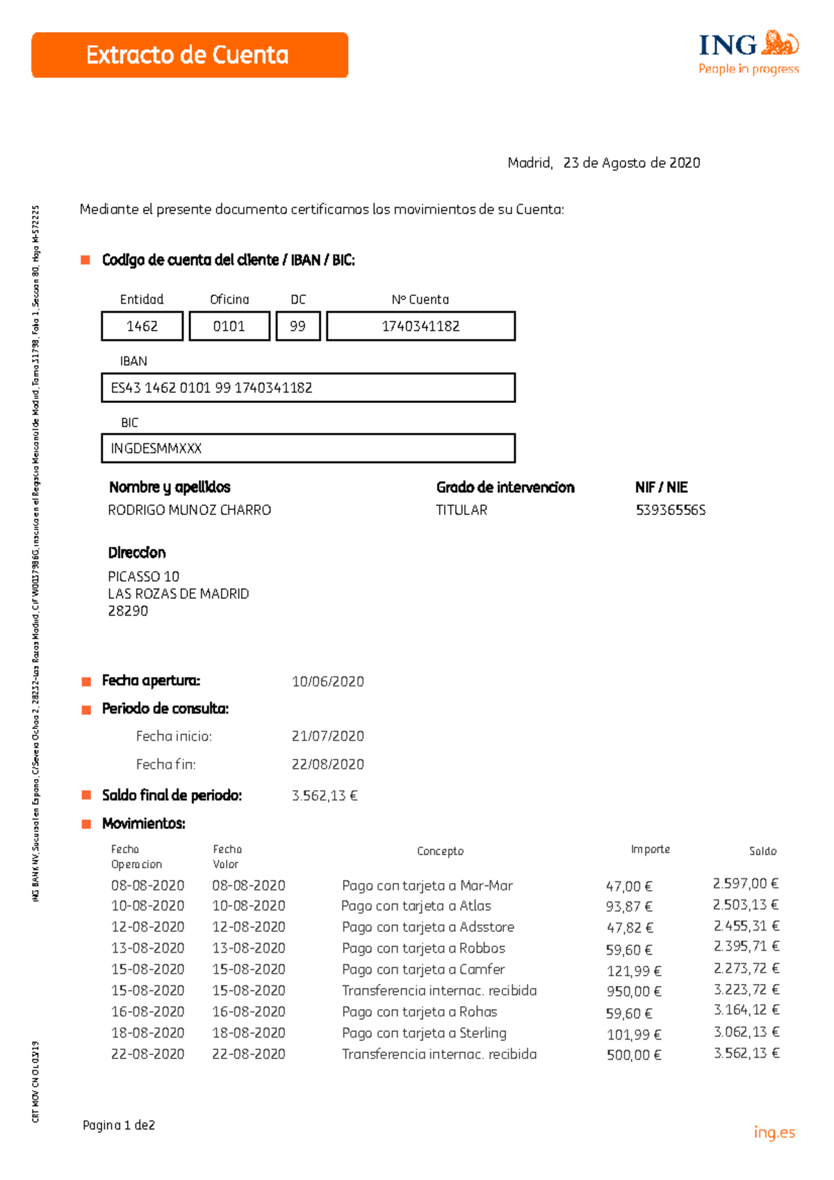 ING STAT - Statement - 16-08-2020 16-08-2020 Pago con tarjeta a Rohas 3 ...