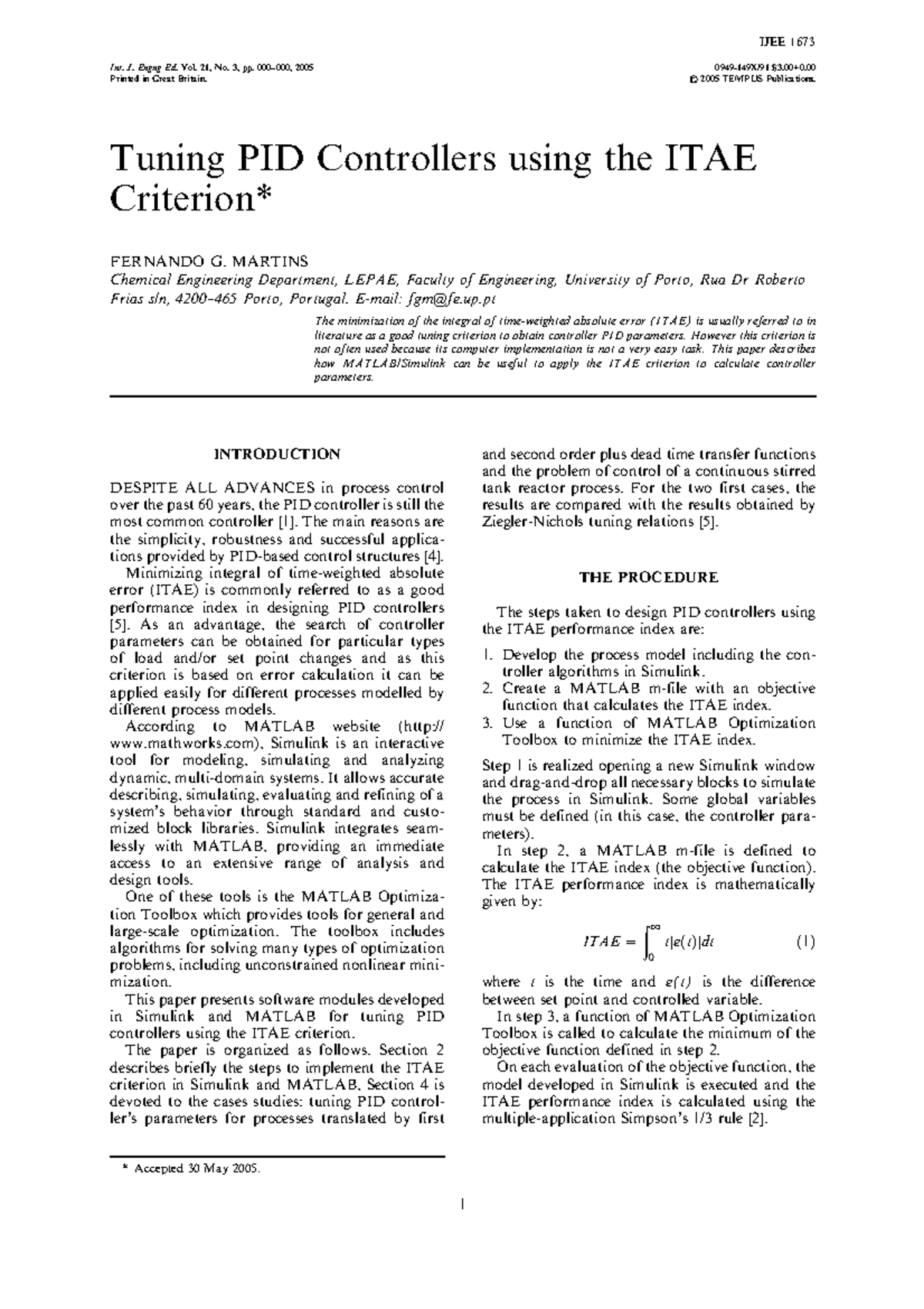 Pid tuning reserch paper - Tuning PID Controllers using the ITAE ...