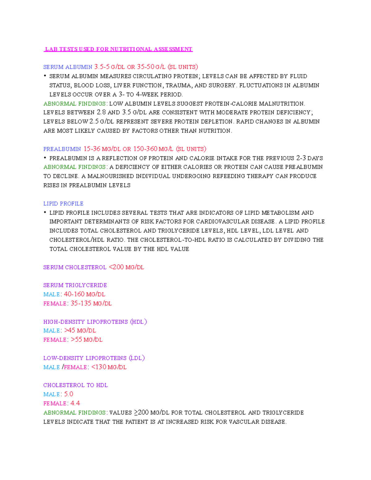 Nutritional LABS - LAB TESTS USED FOR NUTRITIONAL ASSESSMENT SERUM ...