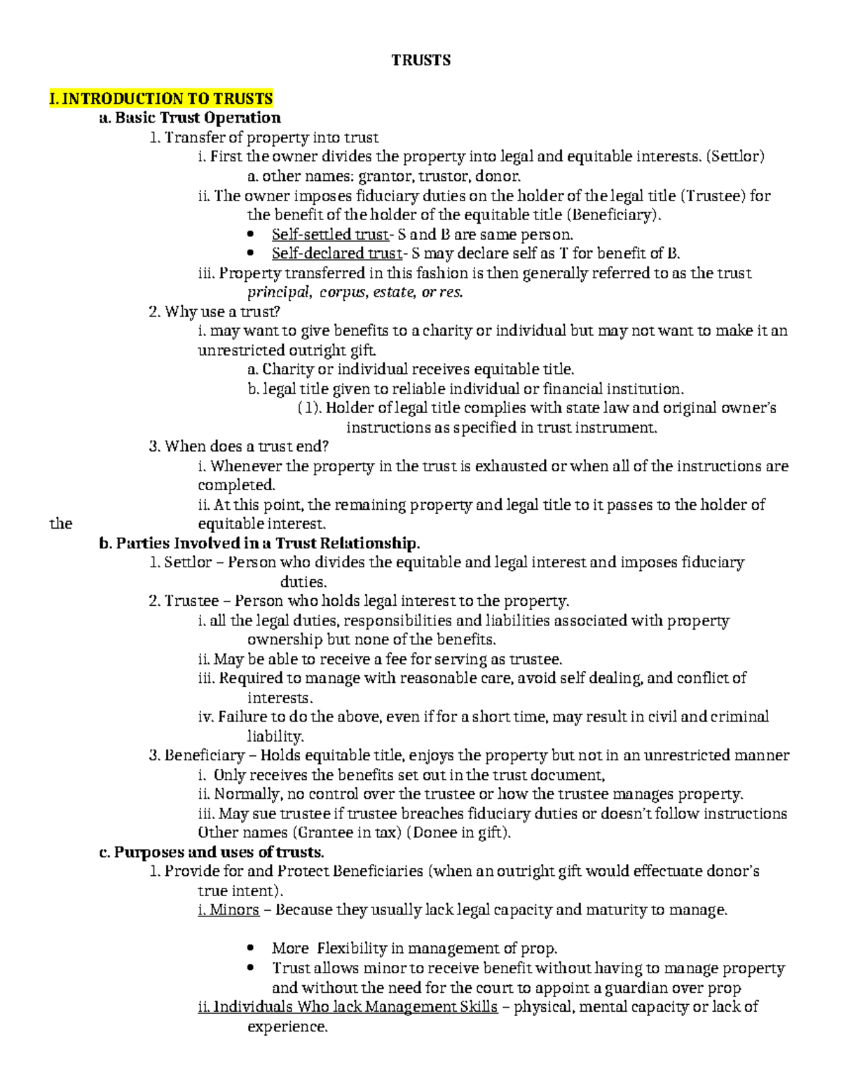 Trusts & Estates Outline - TRUSTS I. INTRODUCTION TO TRUSTS a. Basic ...