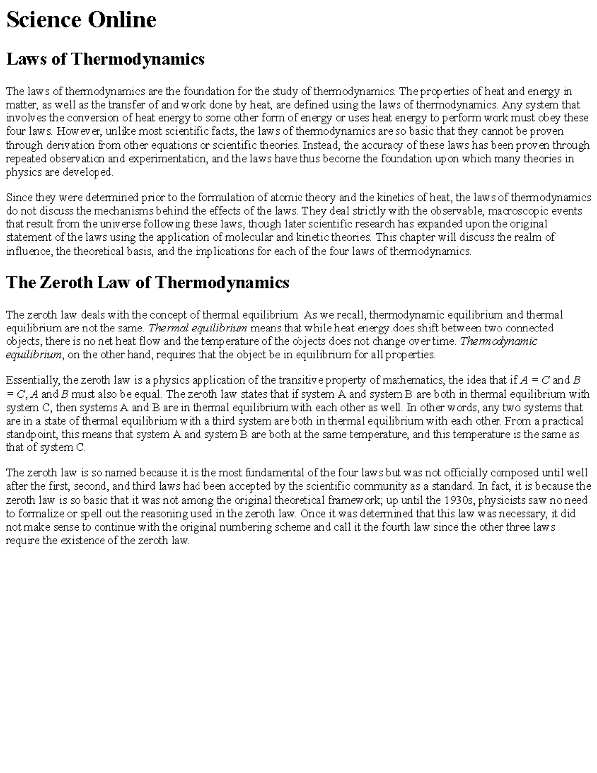 Laws of Thermodynamics & Zeroth Law of Thermodynamics - Science Online ...