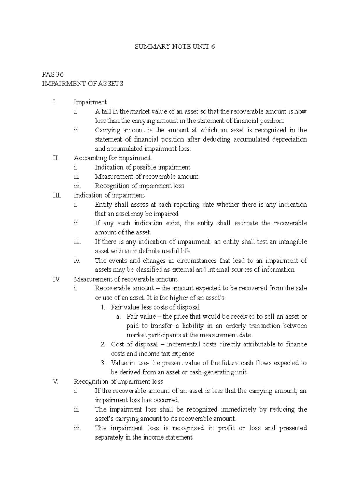 Summary Note Unit 6 - Impairment of Asset, Provision Contingent ...