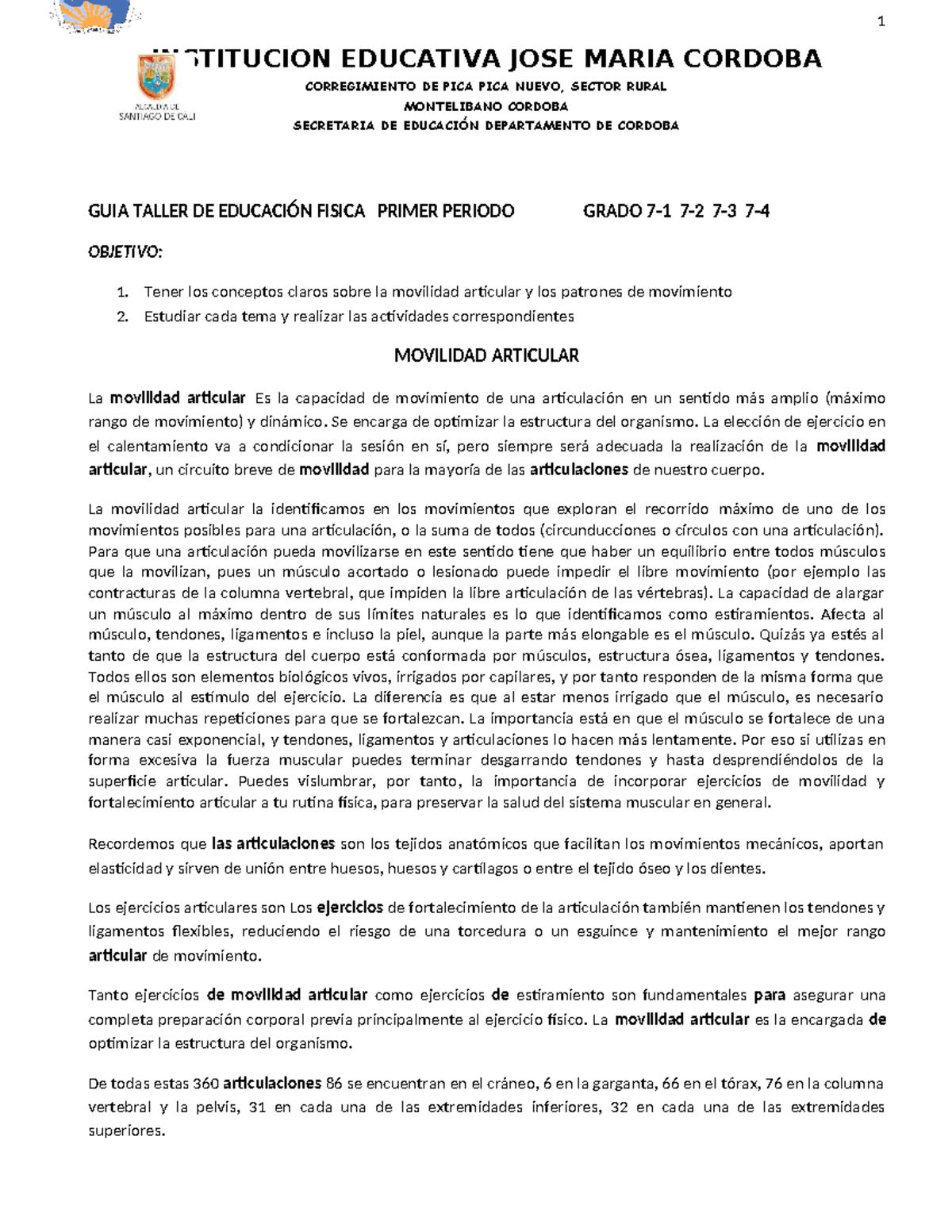 Taller de educacion fisica Grado 6-7 - INSTITUCION EDUCATIVA JOSE MARIA CORDOBA CORREGIMIENTO DE ...