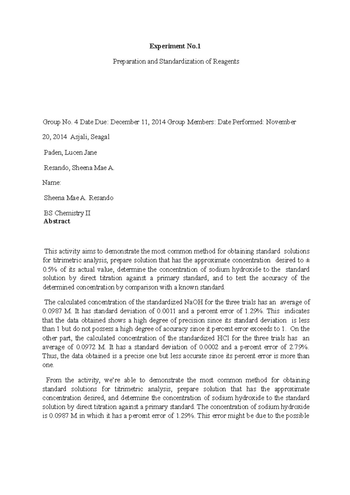 Sample Lab Report - Experiment No. Preparation and Standardization of ...