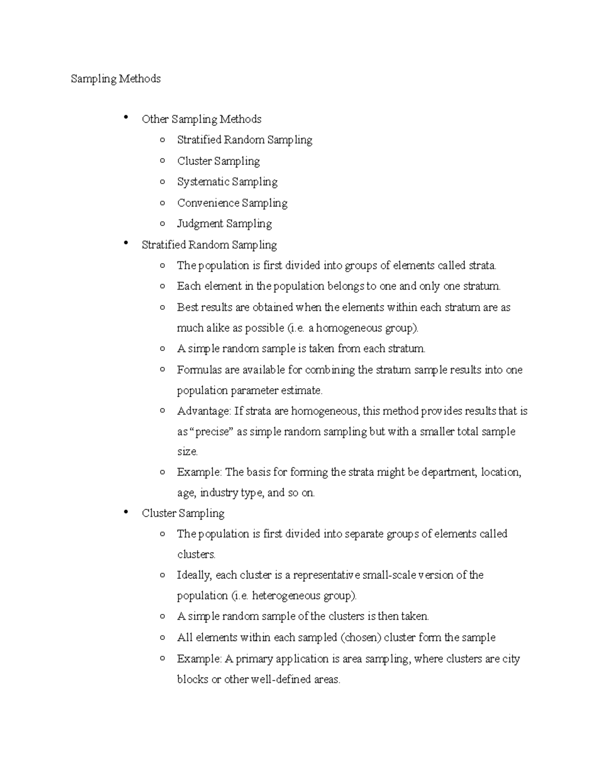 Sampling Methods - o Each element in the population belongs to one and ...