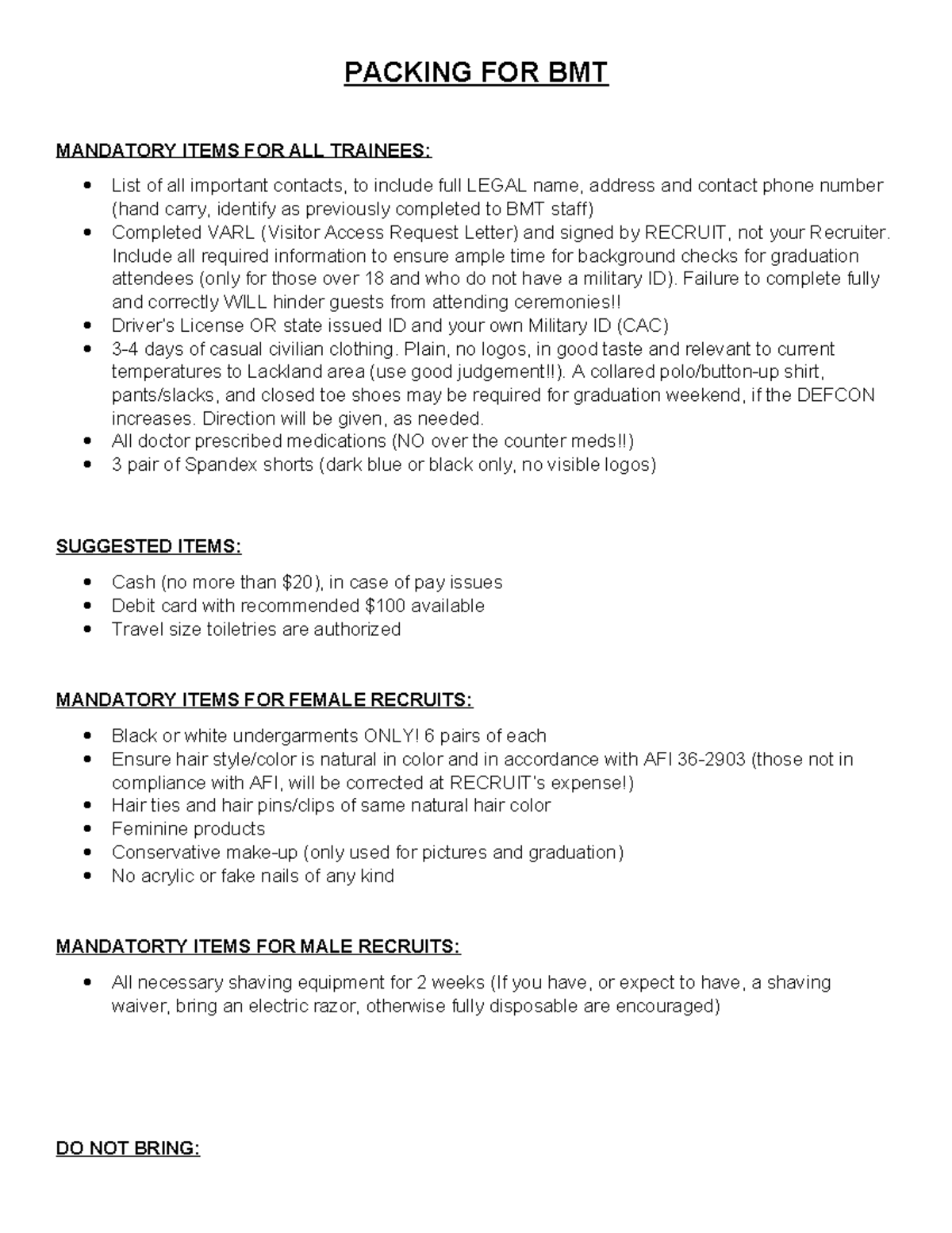 Packing FOR BMT 4 - Hello - PACKING FOR BMT MANDATORY ITEMS FOR ALL ...