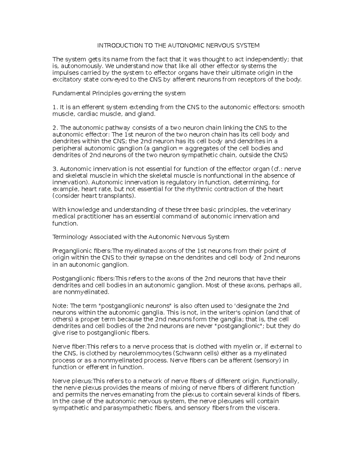 ANS Notes - INTRODUCTION TO THE AUTONOMIC NERVOUS SYSTEM The system ...