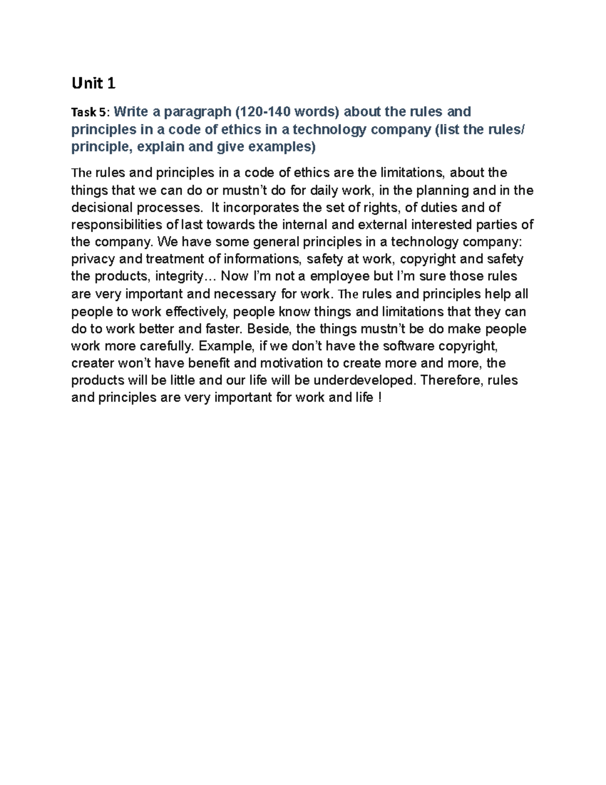 Unit1 - abc - Unit 1 Task 5: Write a paragraph (120-140 words) about ...