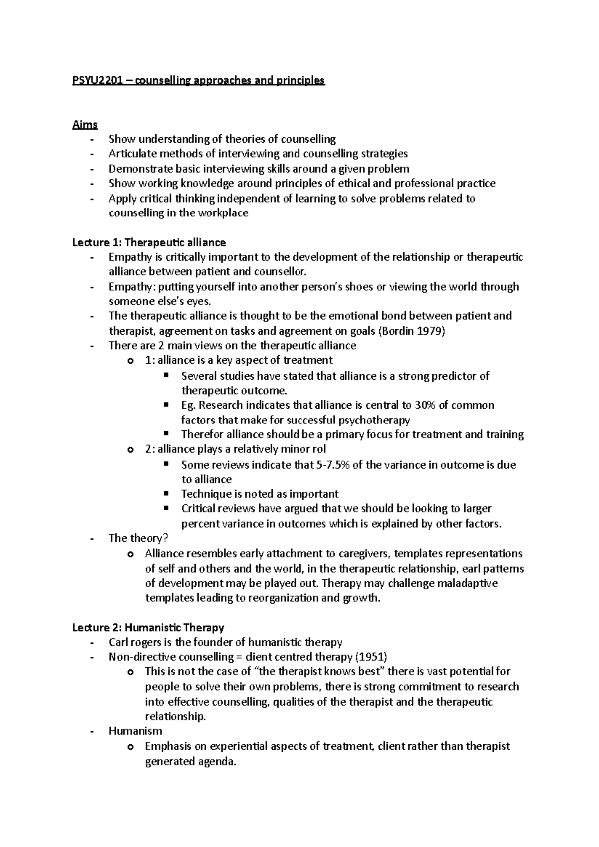 Course Notes - PSYU2201 - PSYU2201 – counselling approaches and ...