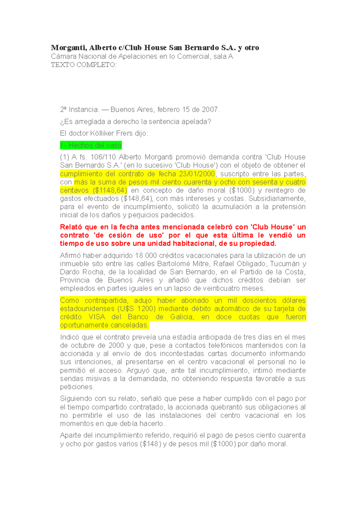 Morganti, Alberto c Club House San Bernardo S.A. y otro - Morganti ...